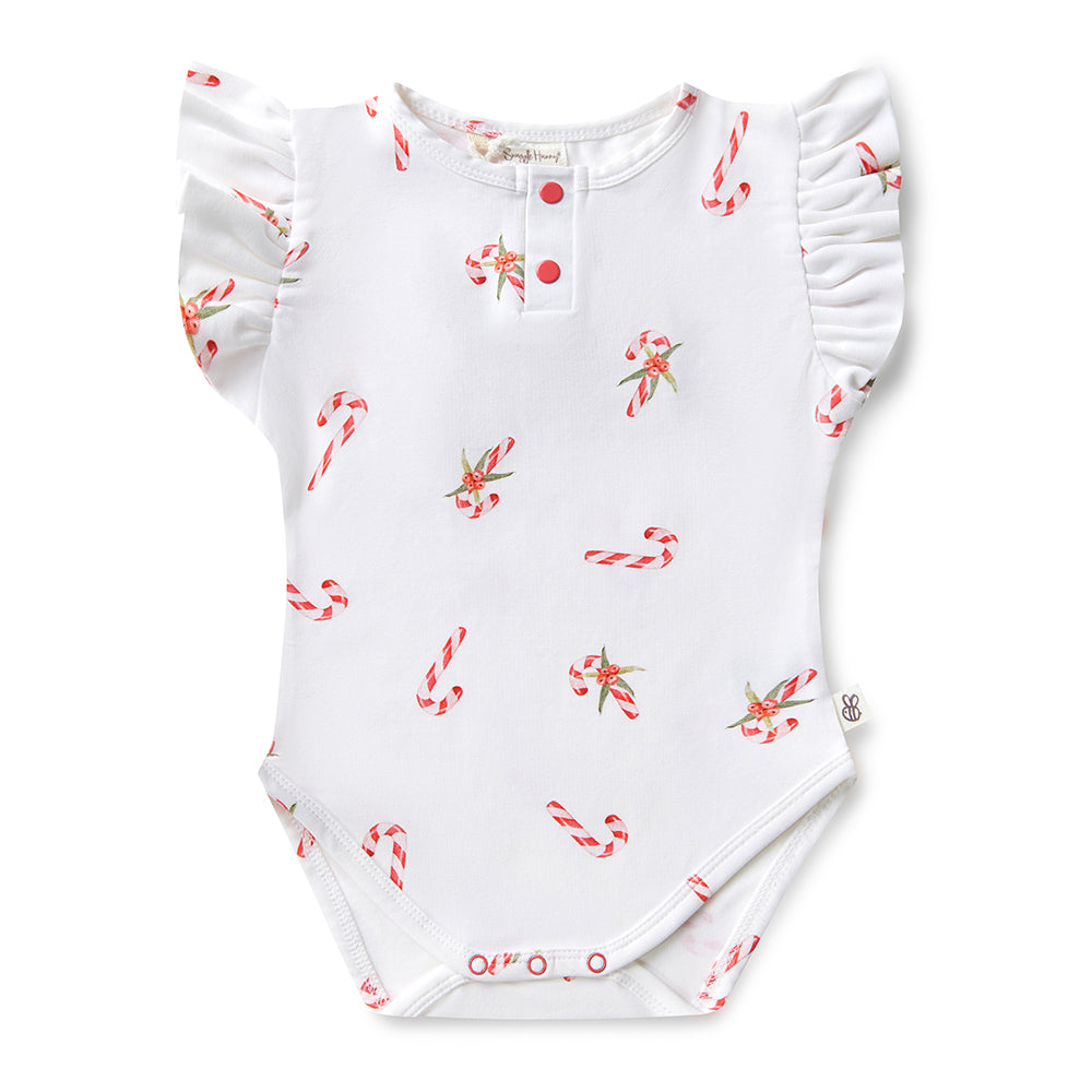 Candy Cane Short Sleeve Organic Bodysuit with Frill | Snuggle Hunny
