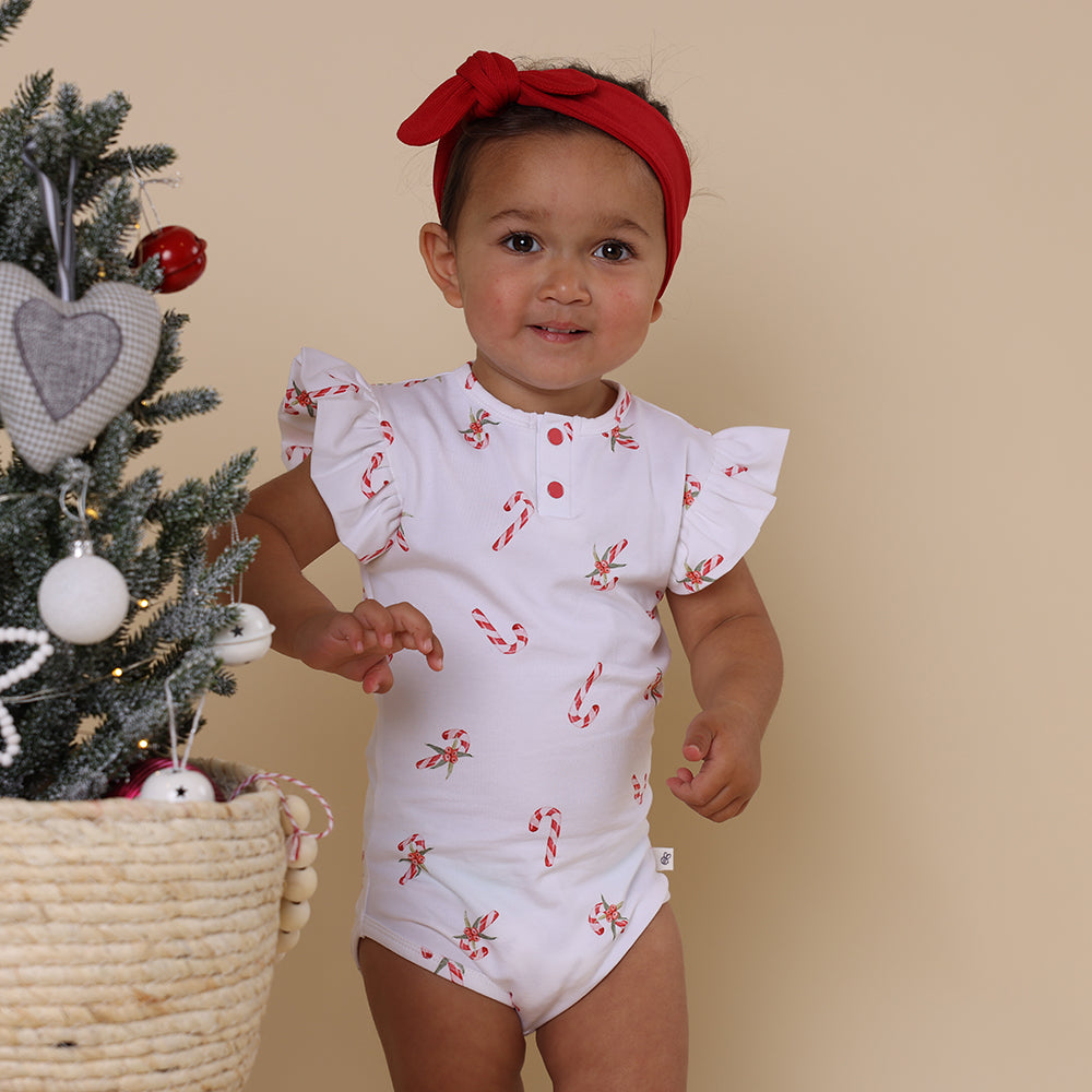 Candy Cane Short Sleeve Organic Bodysuit with Frill | Snuggle Hunny