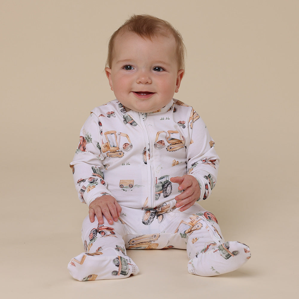 Diggers & Tractors Organic Baby Snuggle Sleepsuit Footie | Snuggle Hunny