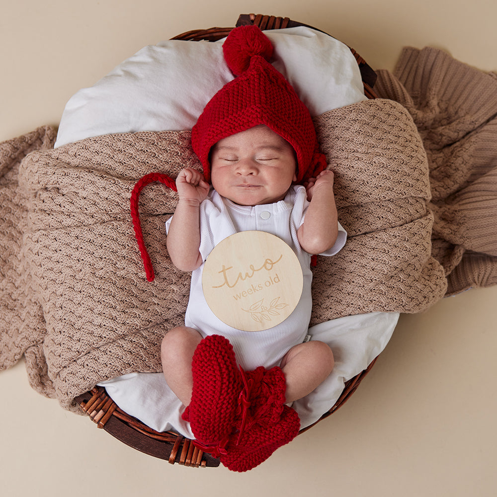 Red Merino Wool Baby Bonnet & Booties | Snuggle Hunny