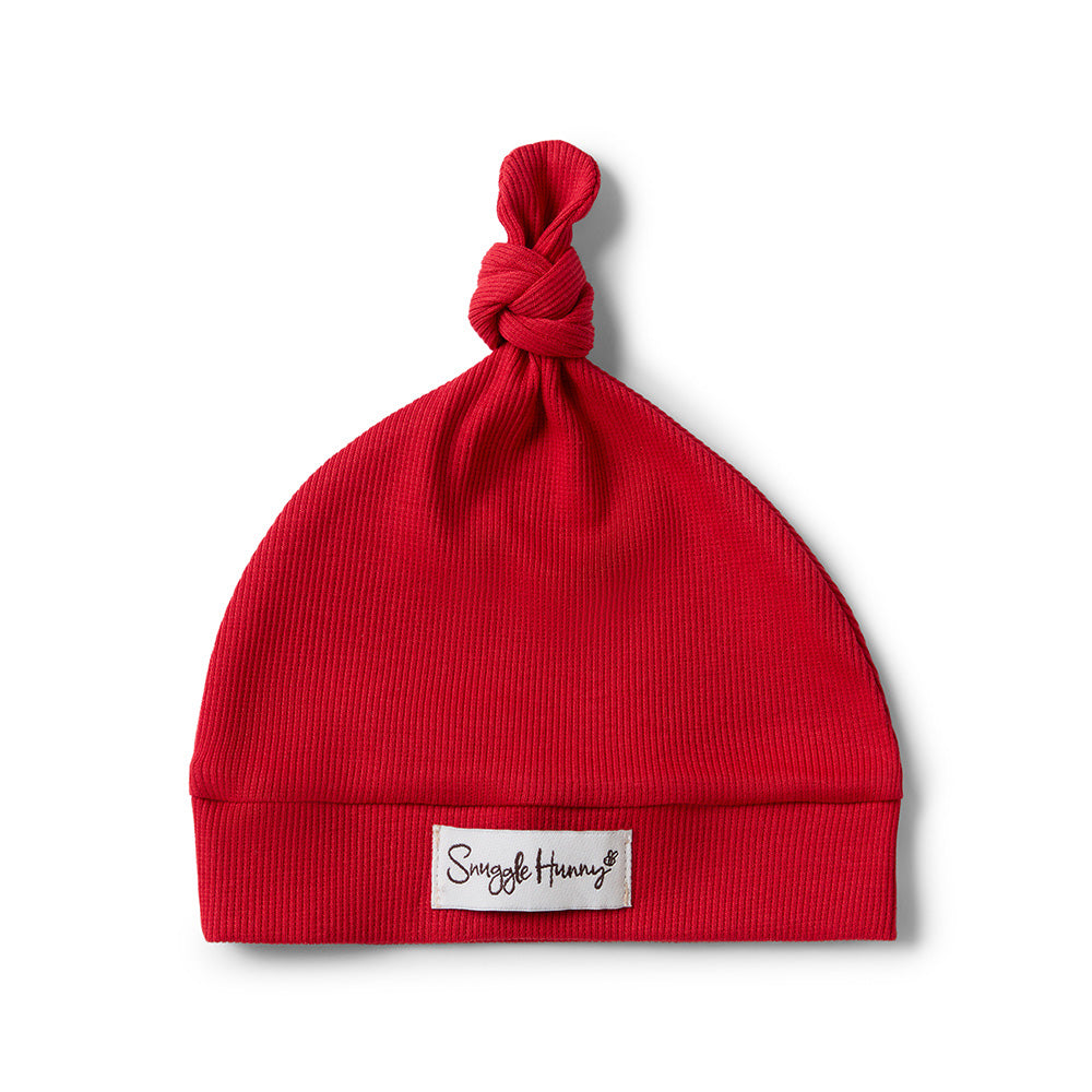 Organic Red Ribbed Knotted Baby Beanie | Snuggle Hunny