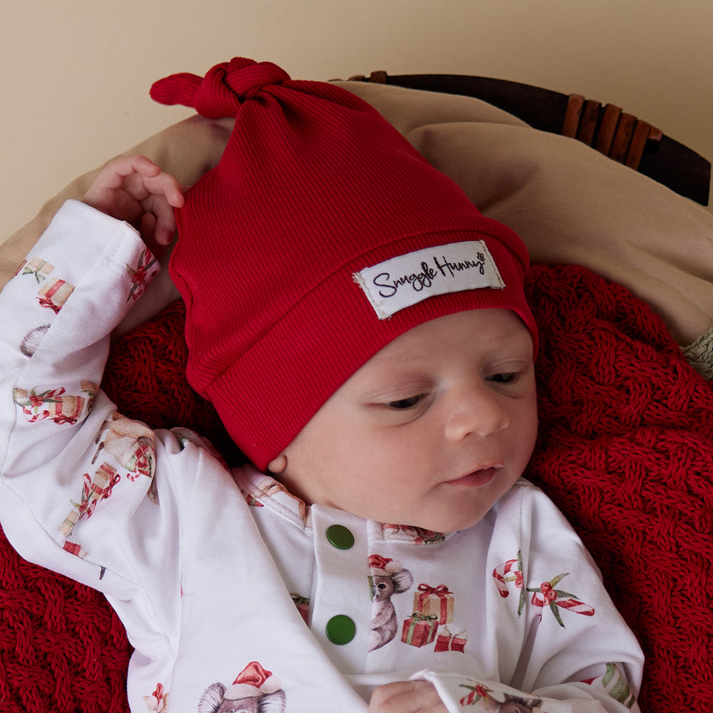 Organic Red Ribbed Knotted Baby Beanie | Snuggle Hunny