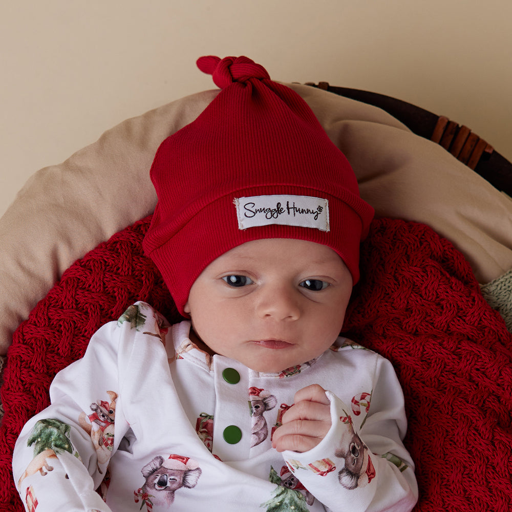 Organic Red Ribbed Knotted Baby Beanie | Snuggle Hunny