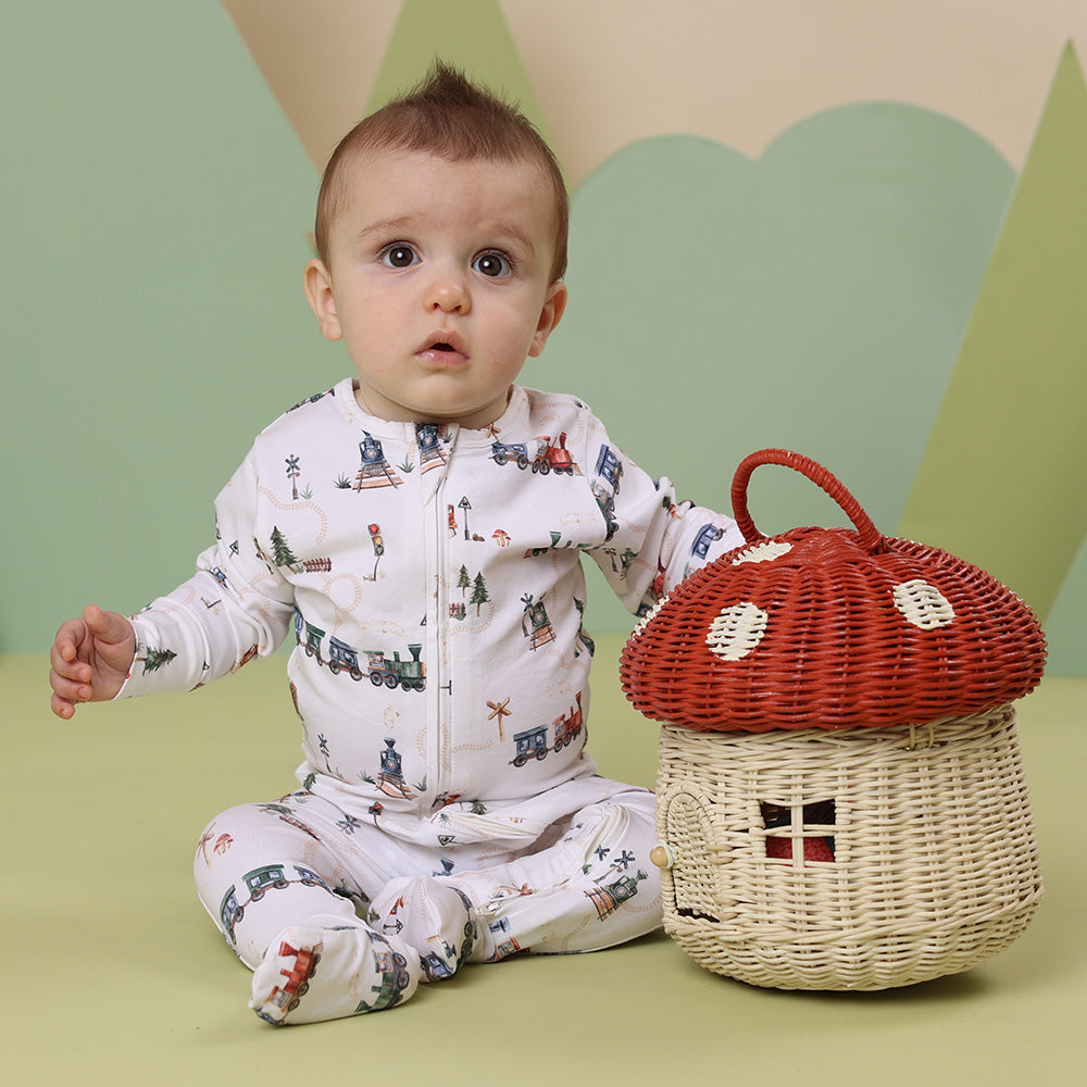 Trains Organic Baby Snuggle Sleepsuit Footie | Snuggle Hunny